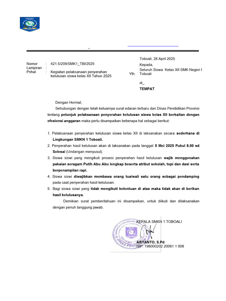 Surat Edaran Penyerahan Kelulusan Kelas XII | PDF