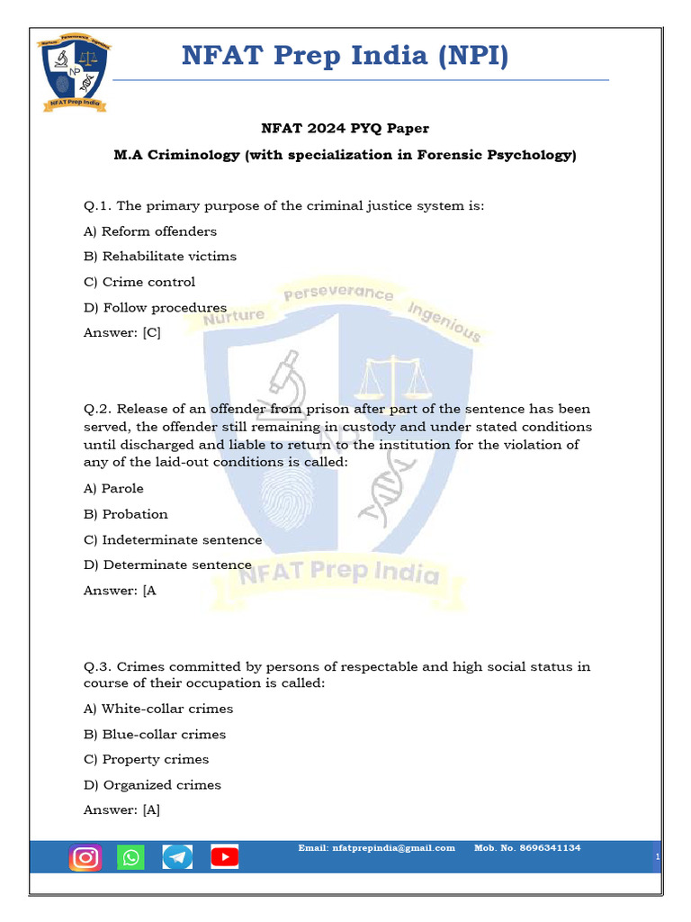 NFAT 2024 PYQs For MA Criminology | PDF | Crimes | Crime & Violence