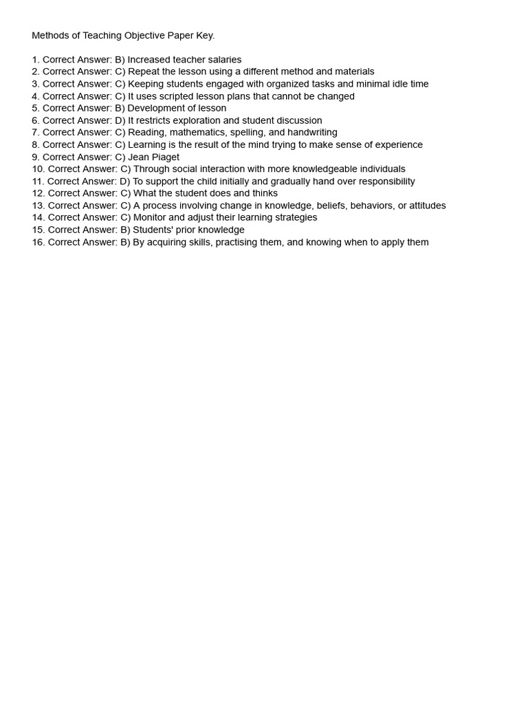 Methods of Teaching Objective Paper Key | PDF
