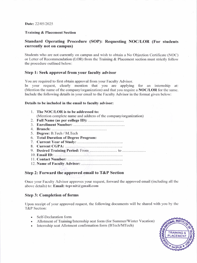 SOP For Getting NOC LOR For Students-Not On Campus22052025152053 | PDF