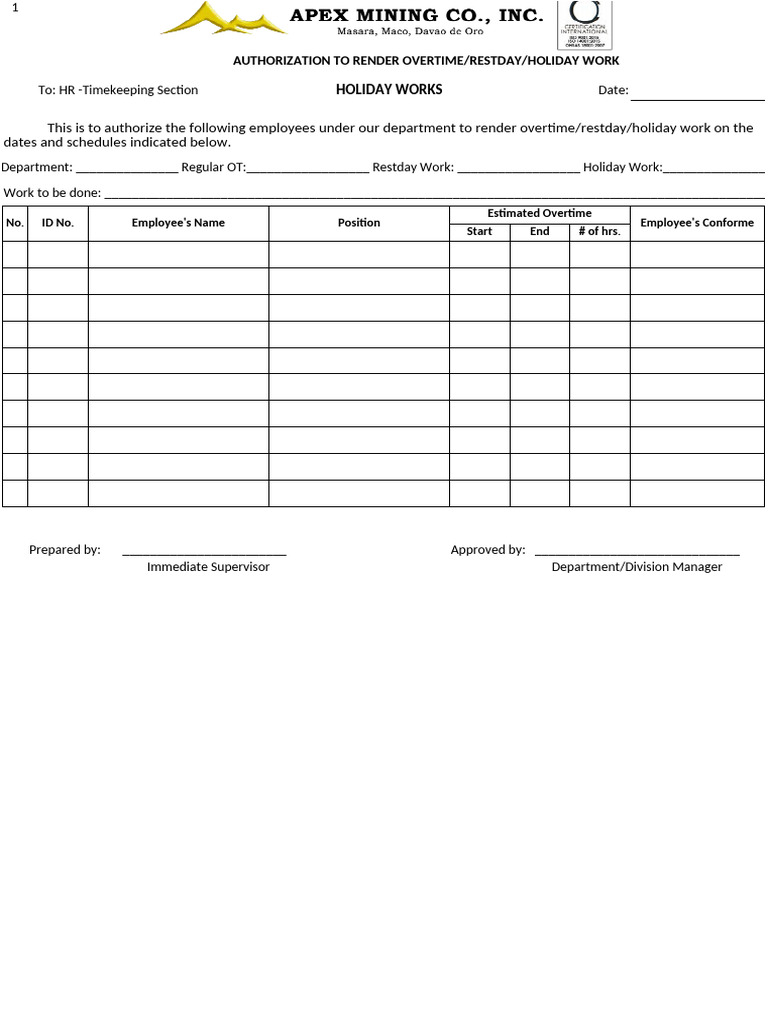 Holiday Authorization | PDF