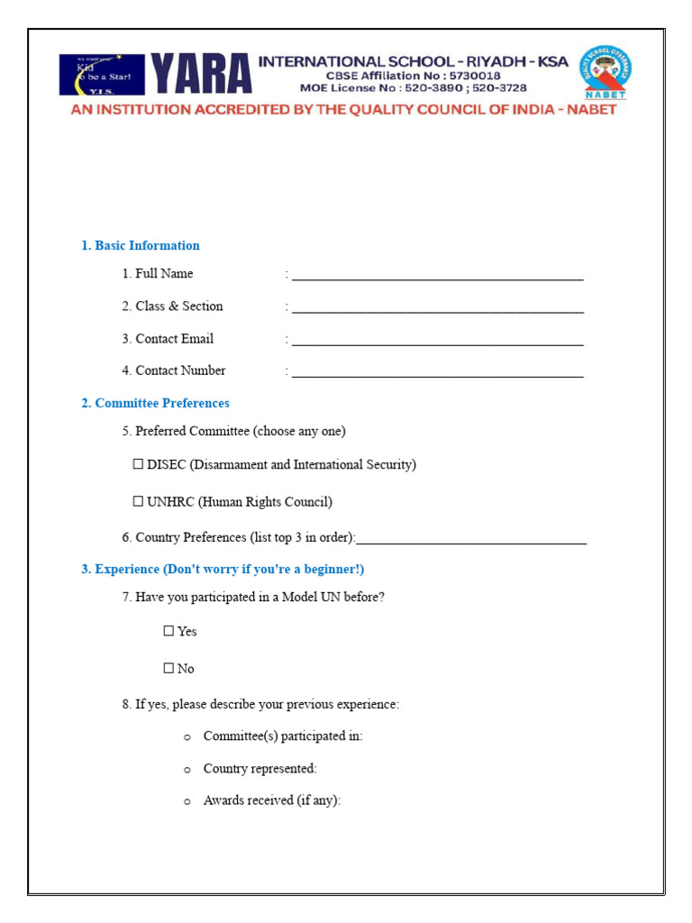 YMUN Delegate Application Form 2025-2026 | PDF