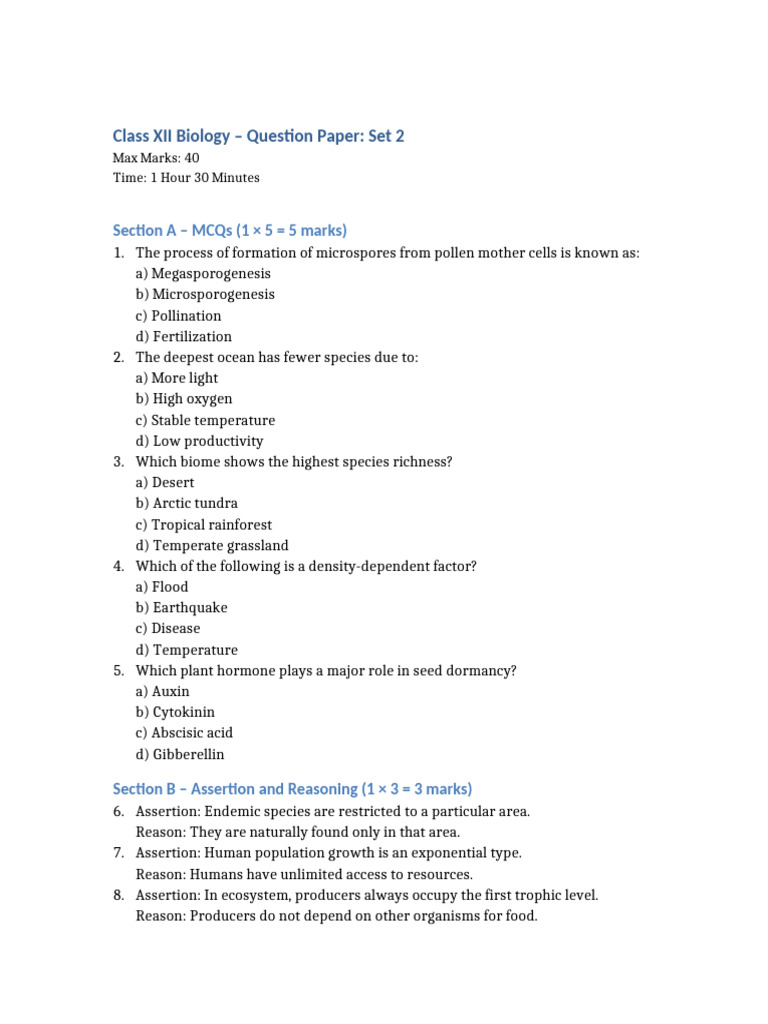Class XII Bio Question Paper Set 2 | PDF