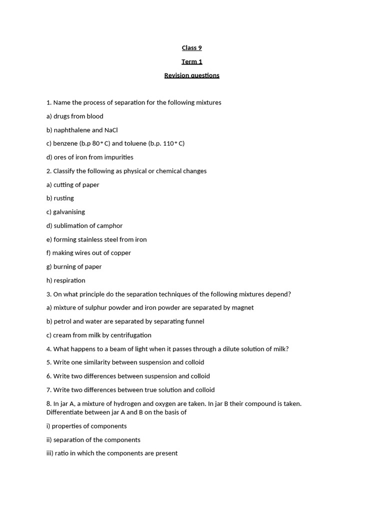 Class 9 Solubility Revision Questions | PDF | Solubility | Colloid
