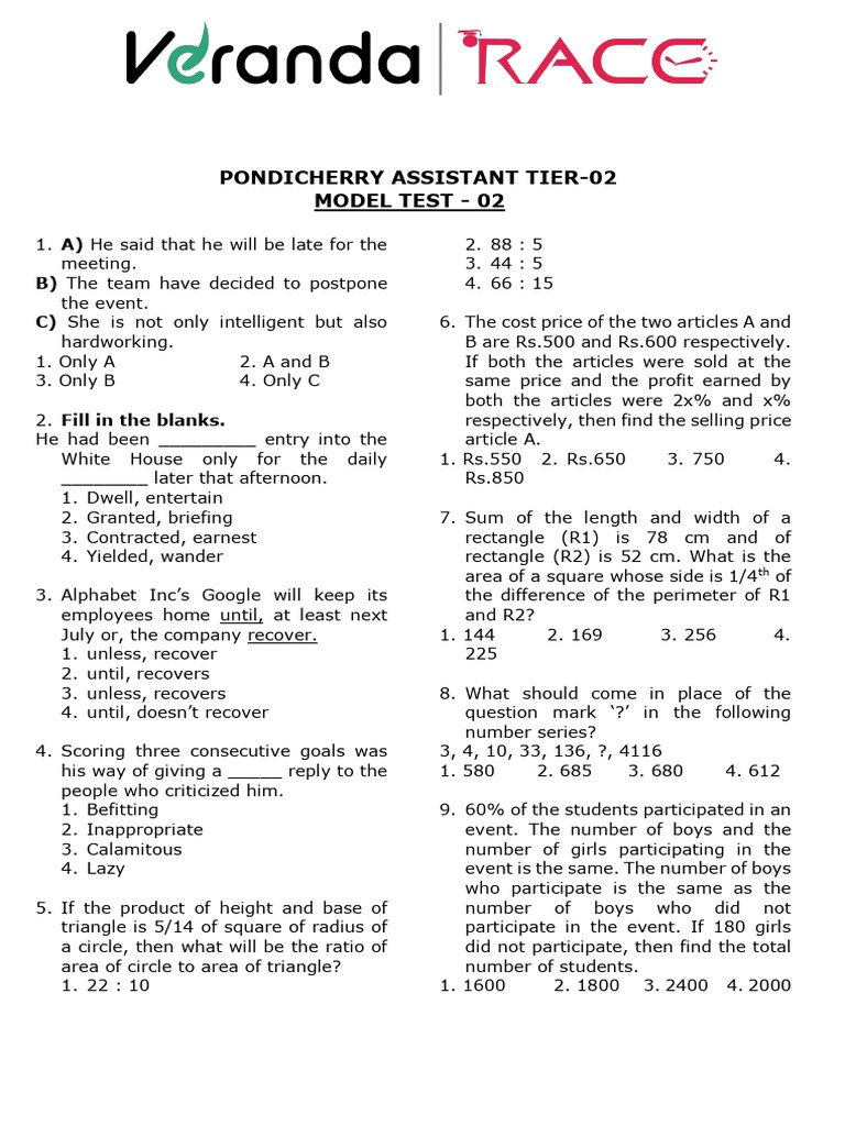 Pondicherry TIER 2 - MODEL TEST 2 | PDF | Computer Data Storage | Interest