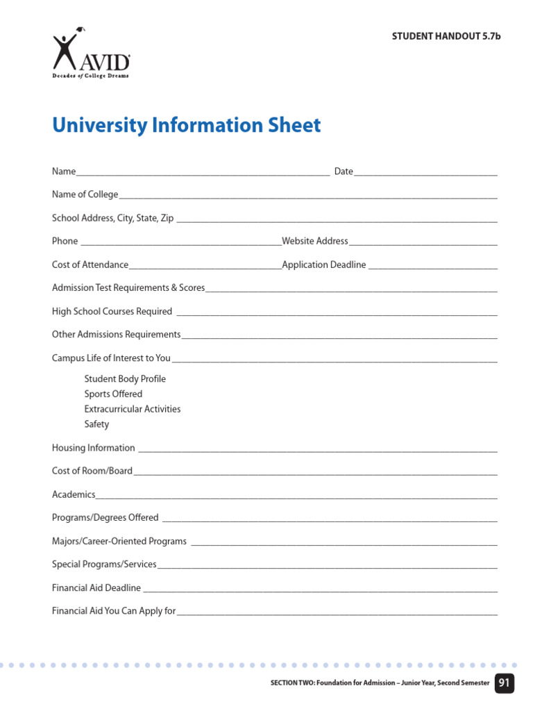 AVID 12 Universtiy Information Sheet | PDF