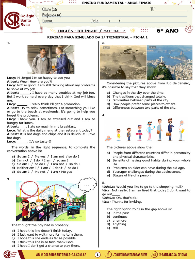 Ingl-S - Bil-Ngue - Mat. 7 - Revis-O para Simulado Da 2 - Trimestral - Ficha 1 - 6 - Ano | PDF