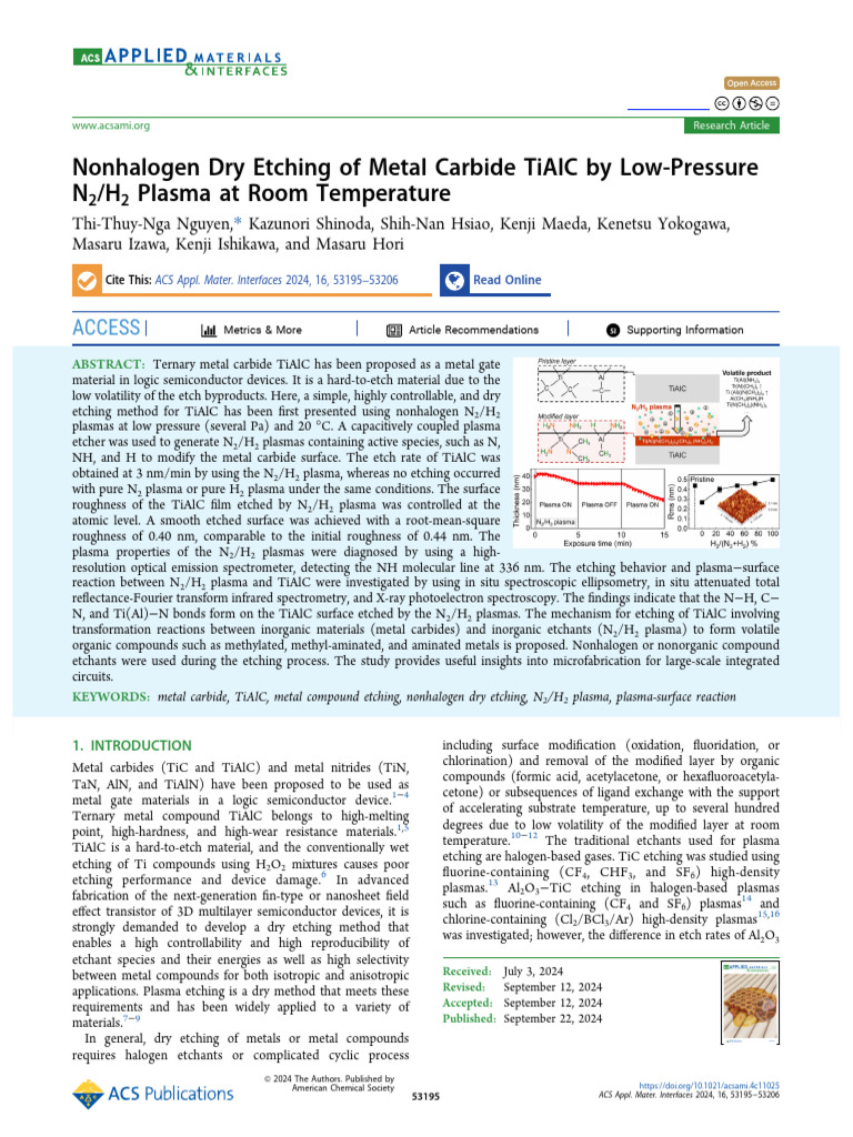 Nguyen Et Al 2024 Nonhalogen Dry Etching of Metal Carbide Tialc by Low ...