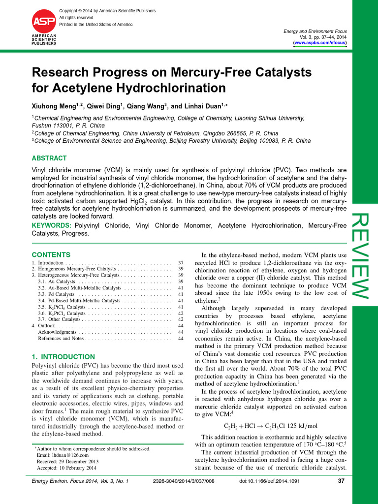 Mercury-Free Catalysts for VCM Production | PDF | Catalysis | Polyvinyl ...