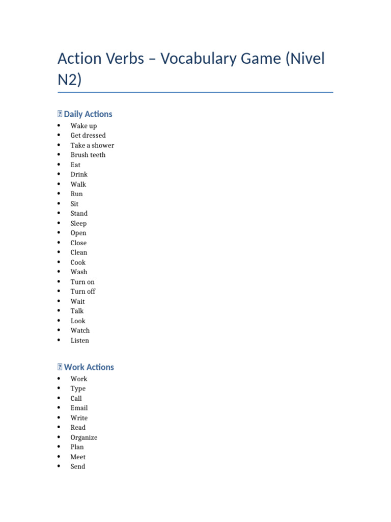 Action Verbs Game N2 With Checkboxes | PDF