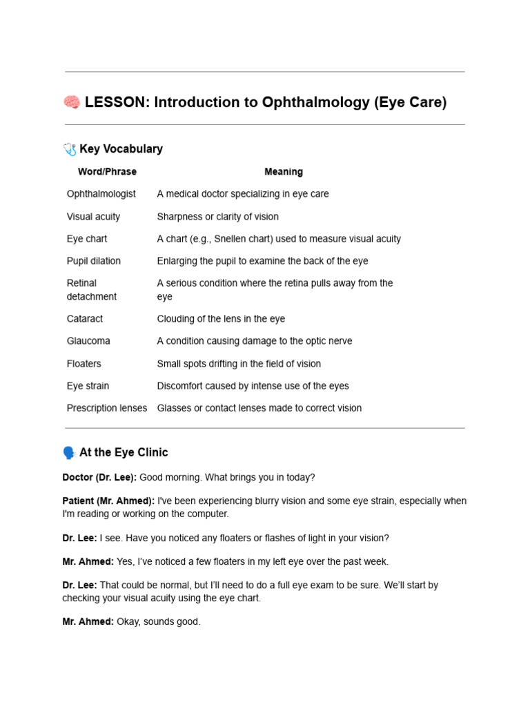 Eye Care Basics: Vocabulary & Exam Guide | PDF | Ophthalmology | Visual ...
