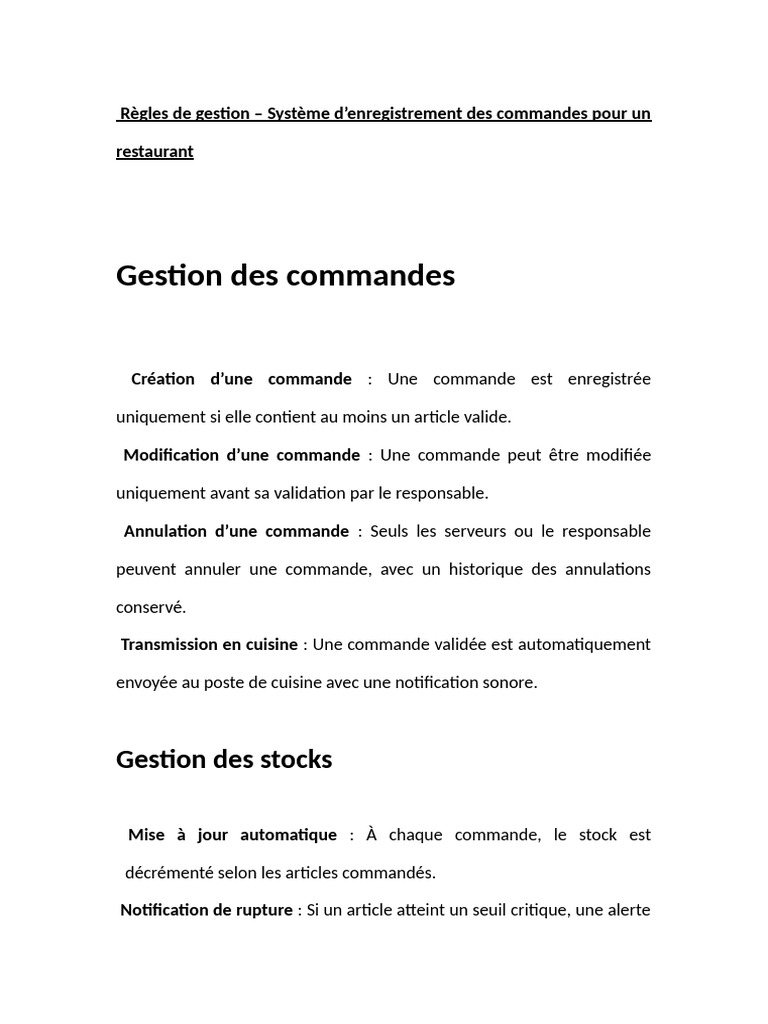 Règles de gestion des commandes restaurant | PDF