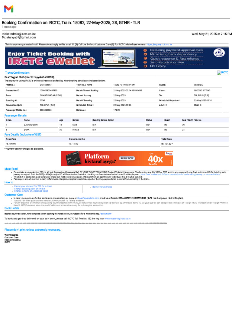 Gmail - Booking Confirmation On IRCTC, Train - 15082, 22-May-2025, 2S ...