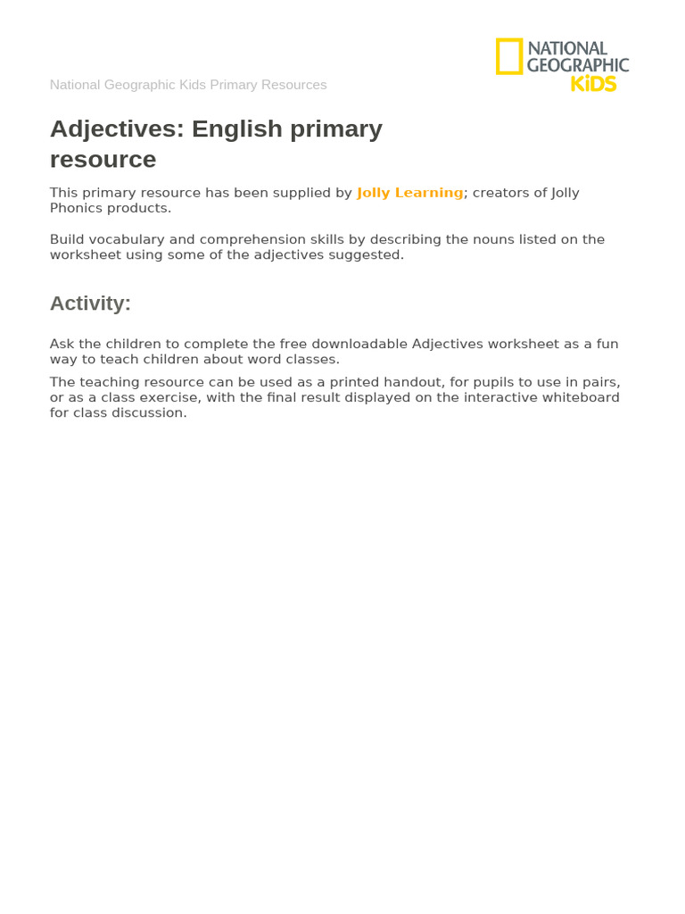 NGK Primary Resource Teacher Guidance Adjectives English | PDF