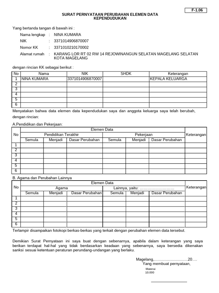 F1.06 SURAT PERNYATAAN PERUBAHAN ELEMEN DATA KEPENDUDUKAN OK Materai 10Rb (5) Conv | PDF
