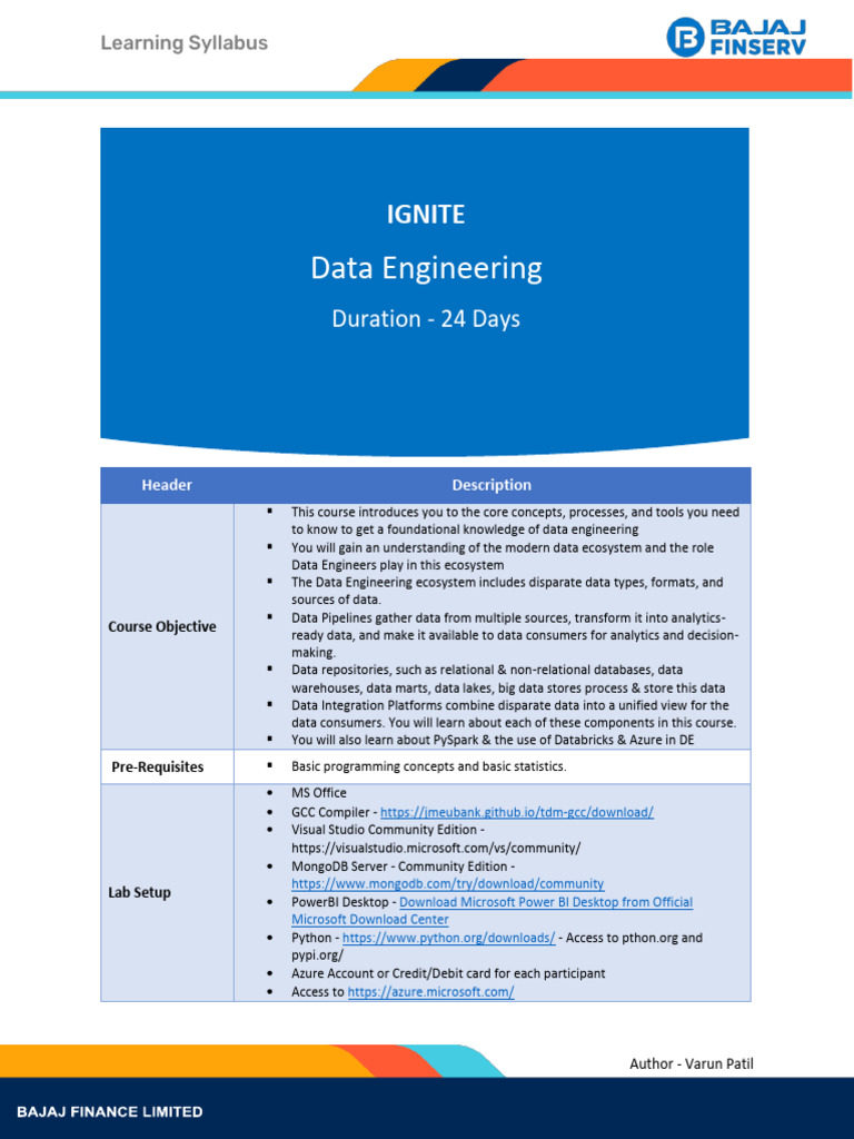 Data Engineering Course Syllabus | PDF | Apache Spark | No Sql