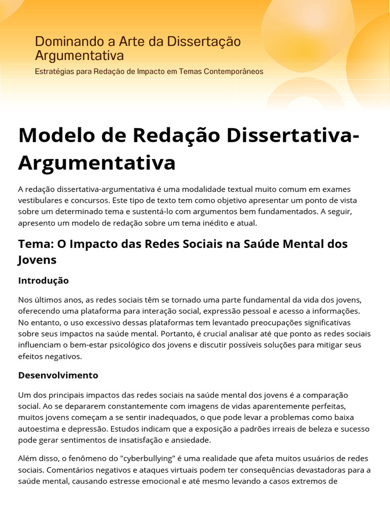Modelo de Redação Dissertativa-Argumentativa | PDF | Sociologia | Saúde ...