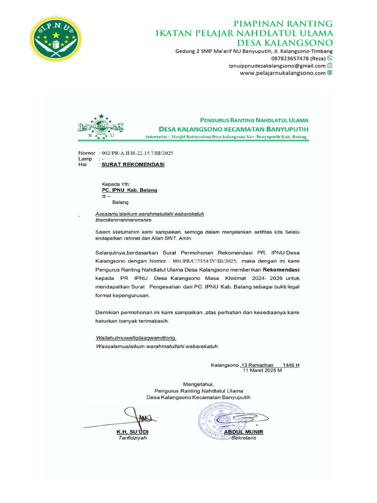 Surat Rekomendasi Ranting Nu Kalngsono - 045058 | PDF