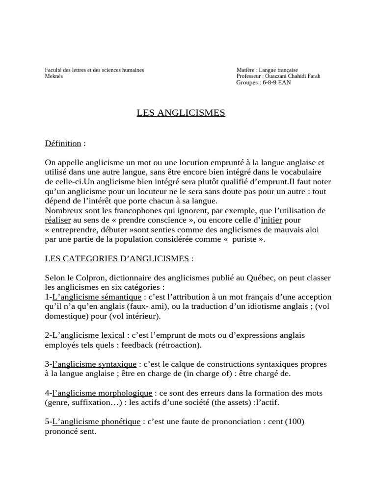 LES ANGLICISMES | PDF | Langue française | Langue anglaise