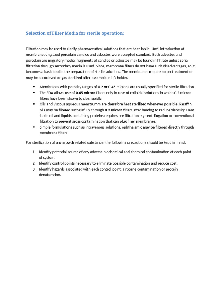 Selection of Filter Media For Sterile Operation | PDF