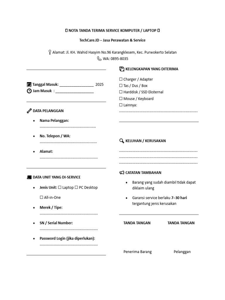 NOTA TANDA TERIMA SERVICE KOMPUTER | PDF