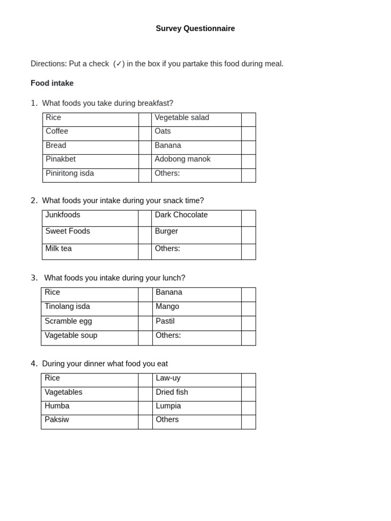 Survey Questionnaire Finale | PDF | Low Carbohydrate Diet | Foods