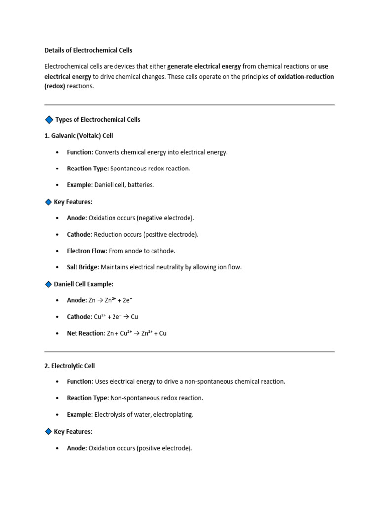 Details of Electrochemical Cells | PDF
