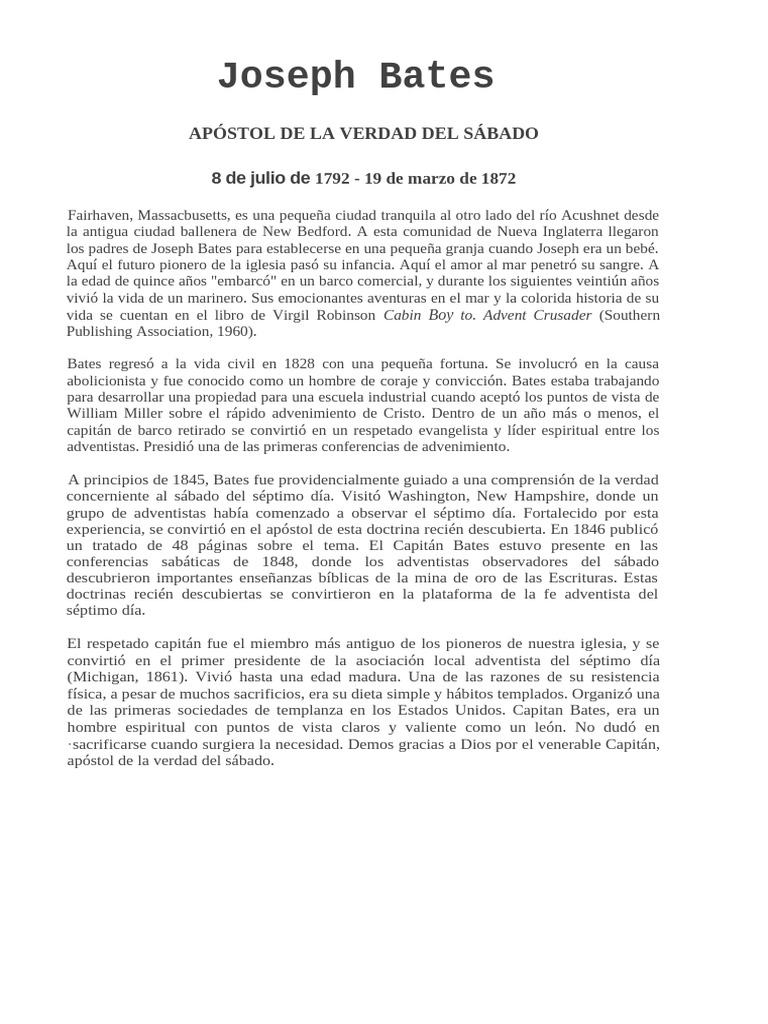 Joseph Bates: Apóstol del Sábado | PDF