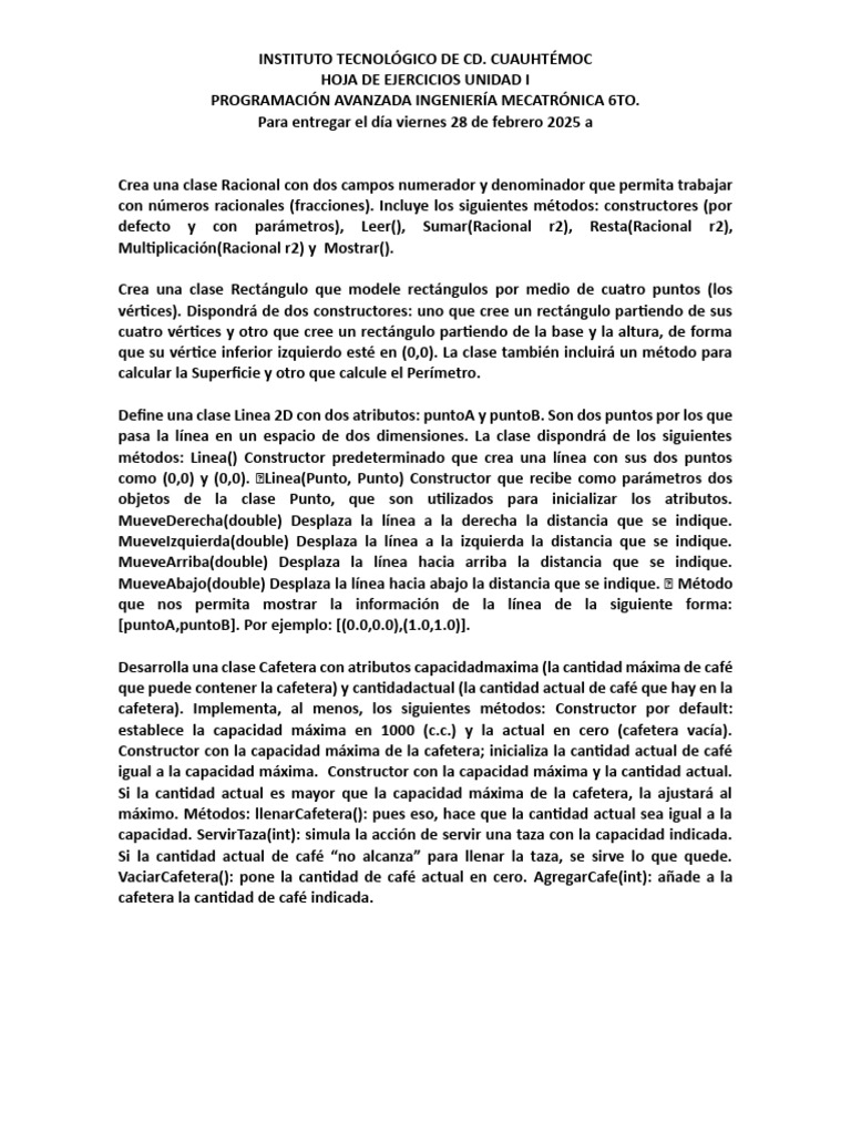 Hoja de Ejercicio Unidad I | PDF | Constructor (Programación Orientada a Objetos) | Programación