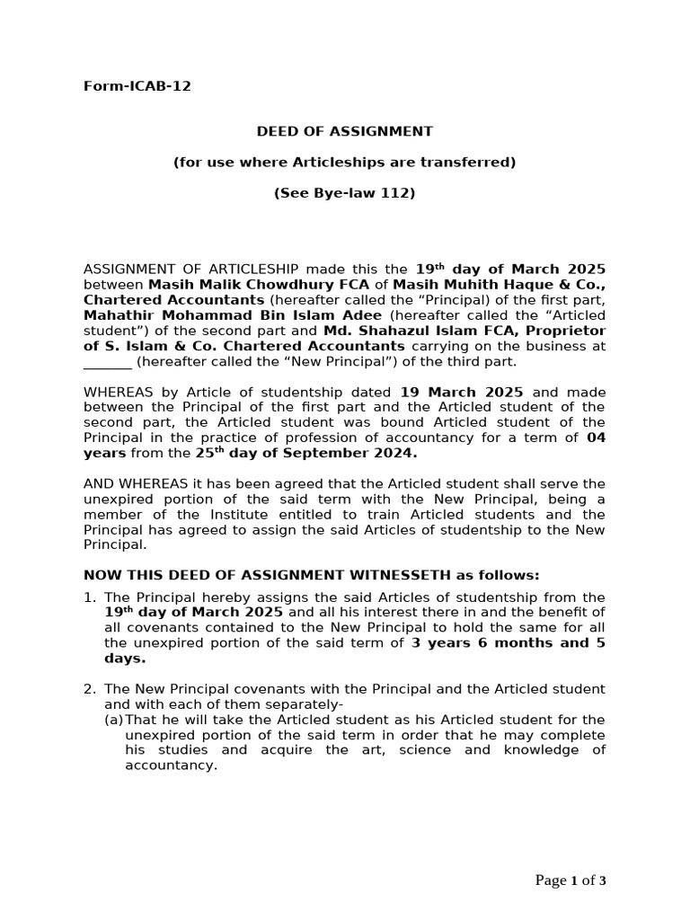 Deed of Assignment for Articleship Transfer | PDF