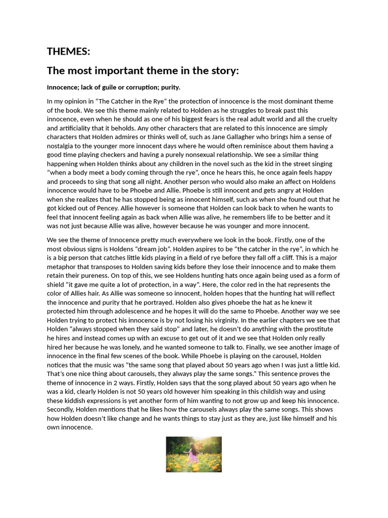 The Most Important Theme of The Story Catcher in The Rye Lit Project | PDF