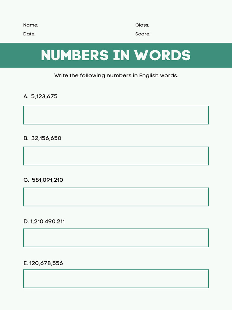 Light Green Printable Numbers in Words Worksheet | PDF