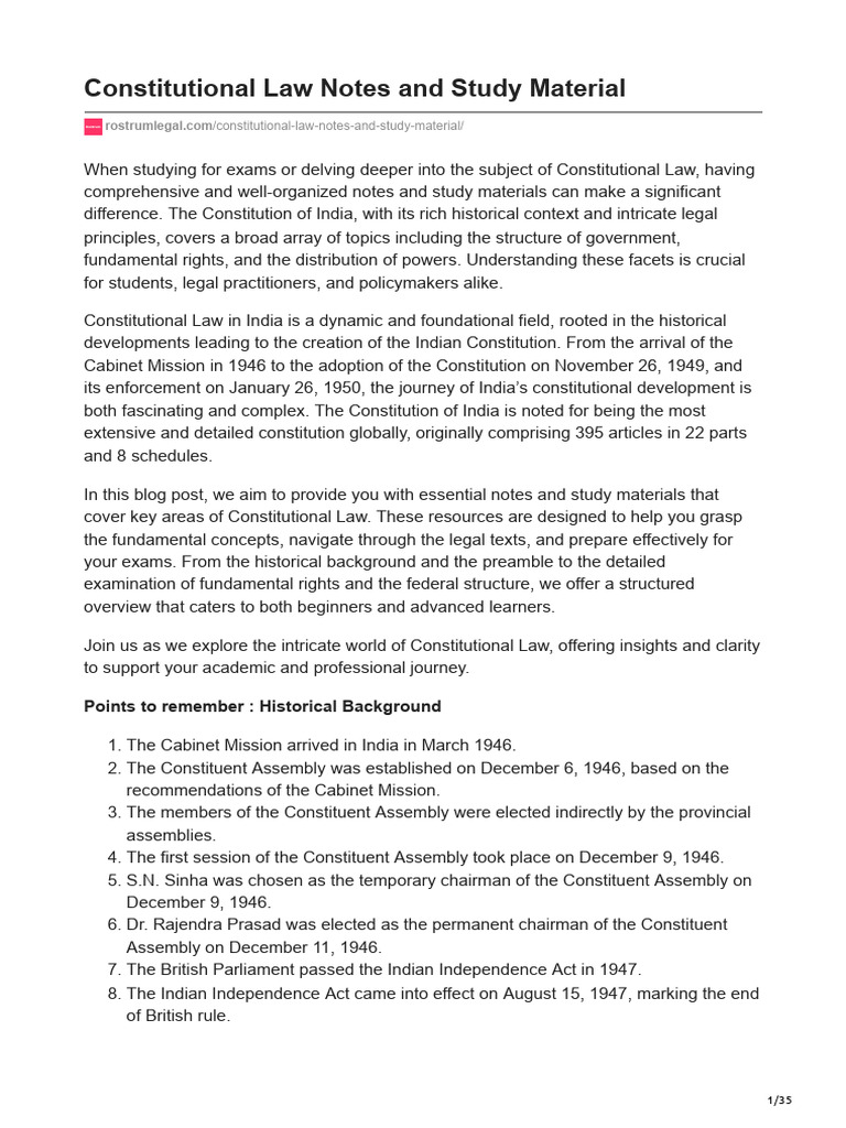 Constitutional Law Study Notes India | PDF | Constitution | Citizenship