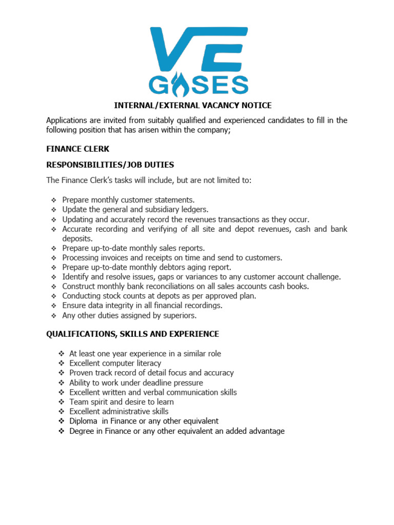 Finance Clerk Job Vacancy Notice | PDF