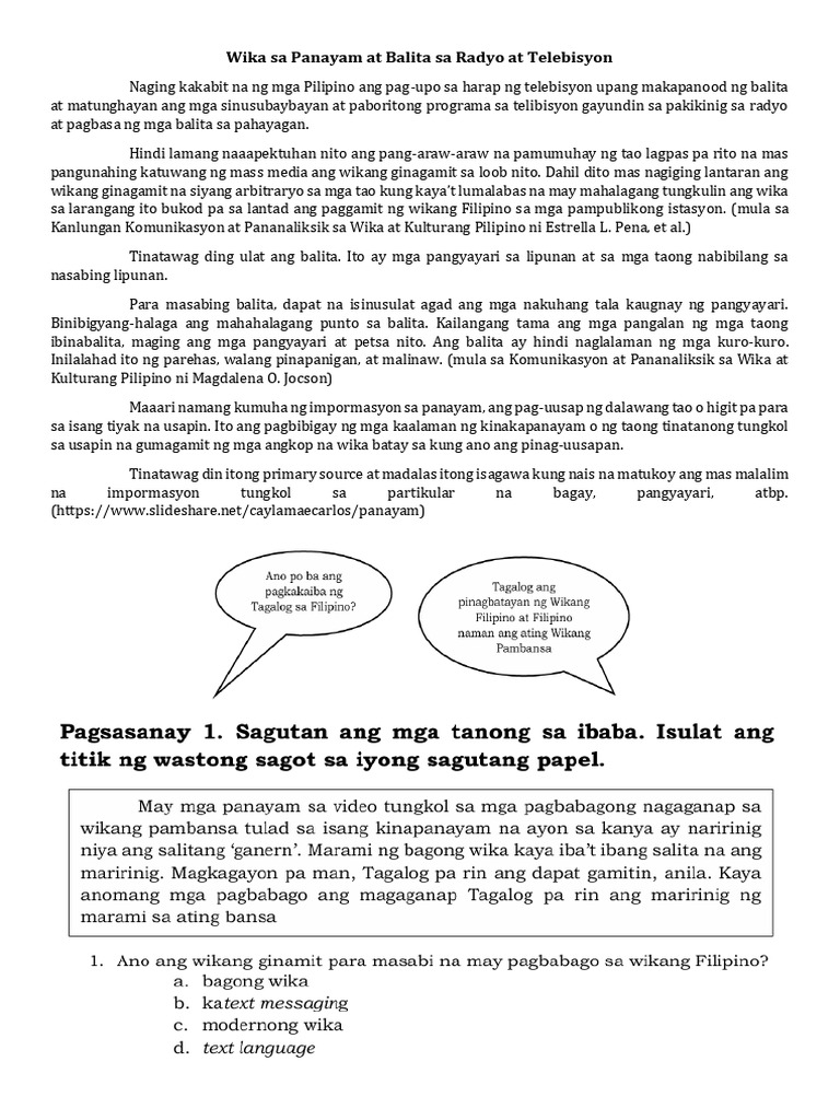 1 Wika Sa Panayam at Balita Sa Radyo at Telebisyon | PDF