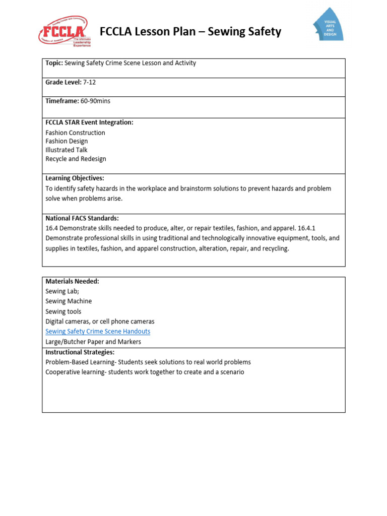 Sewing Safety Lesson Plan for Teens | PDF | Creativity | Lesson Plan
