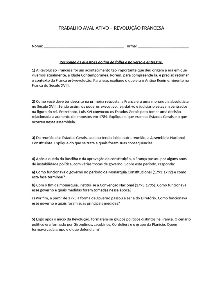 Trabalho Avaliativo Rev Francesa Oitavo Ano | PDF