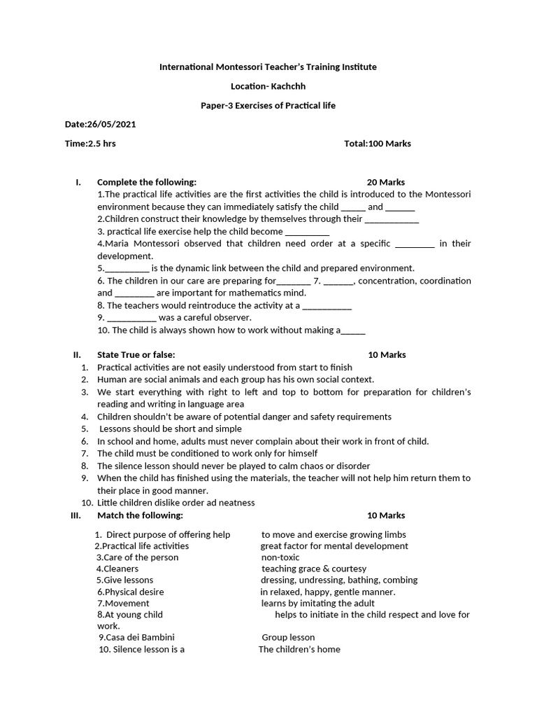 Exercise of Practical Life | PDF | Montessori Education | Behavior ...