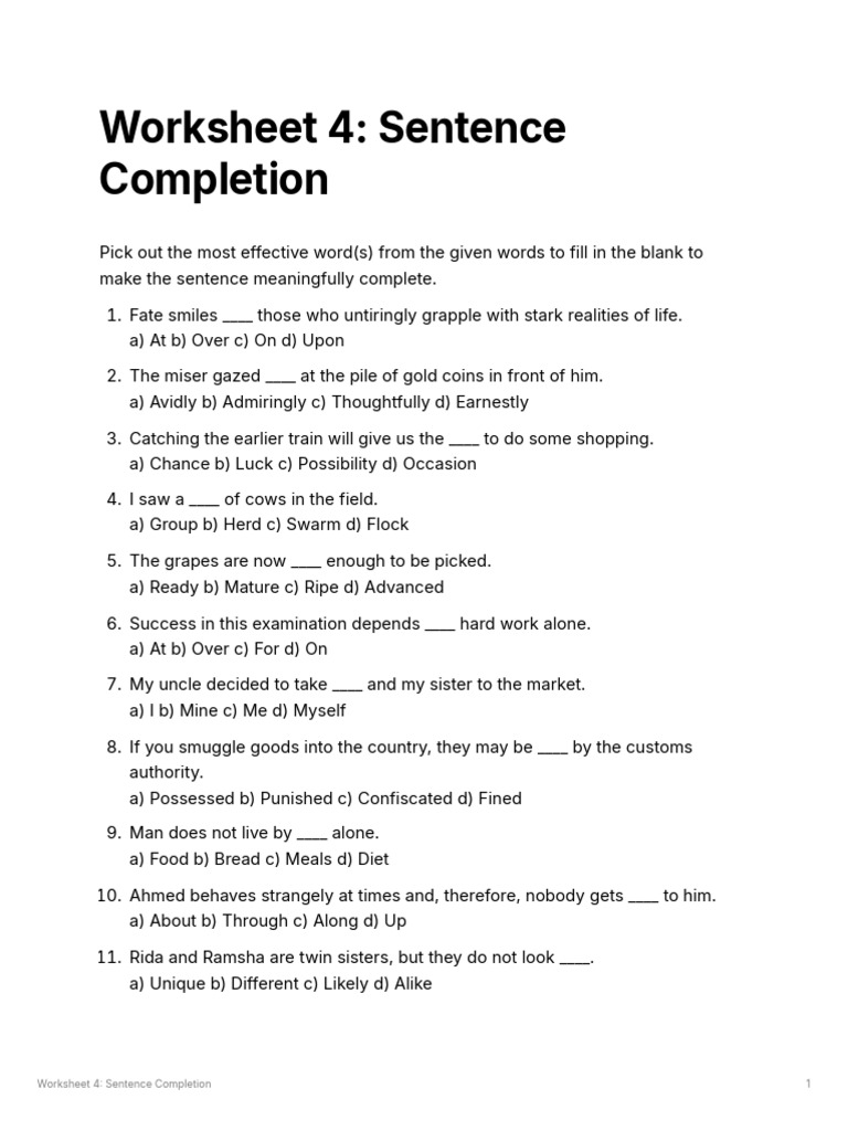 Worksheet 3 - Sentence Completion | PDF | Perfect (Grammar) | Grammatical Tense