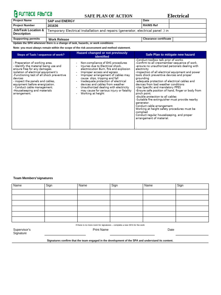 Spa Electrical Installation Safety Plan | PDF | Occupational Safety And ...