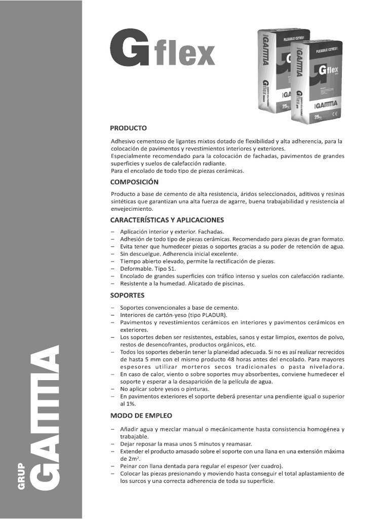 Ficha Tecnica Cemento Cola Flexible GAMMA-PUMA | PDF