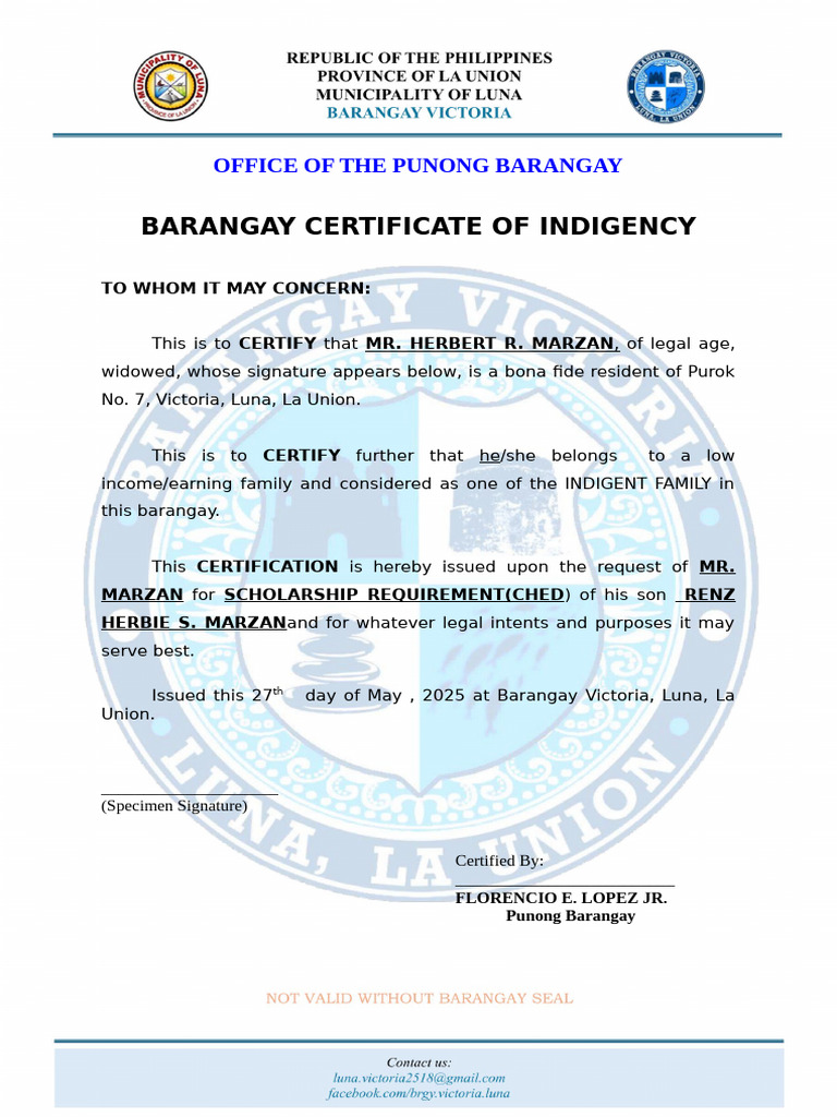 Brgy Indigency-Herbert R. Marzan | PDF