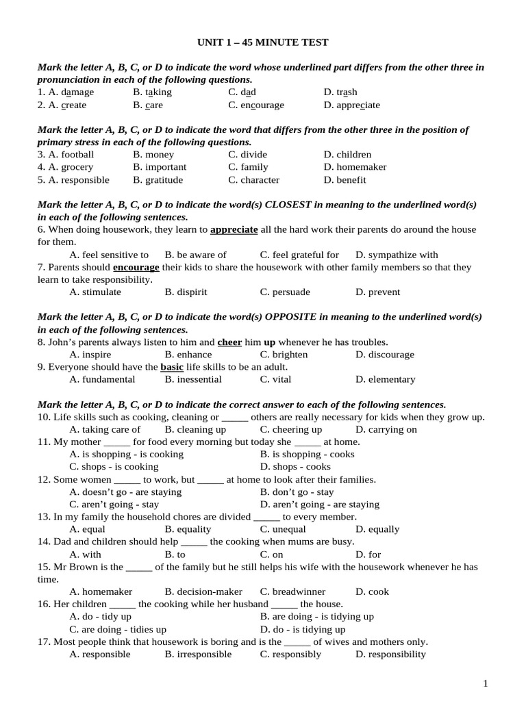 45-Minute Test on Vocabulary and Grammar | PDF | Behavior | Behavioural ...