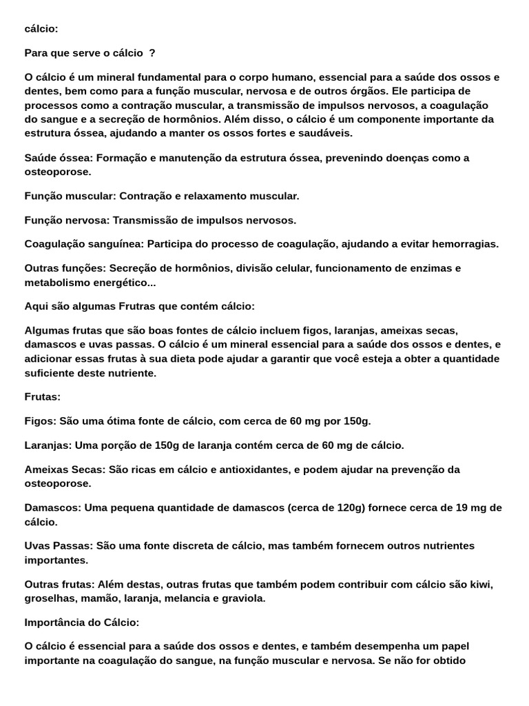 Importância e Fontes de Cálcio | PDF | Cálcio | Leite