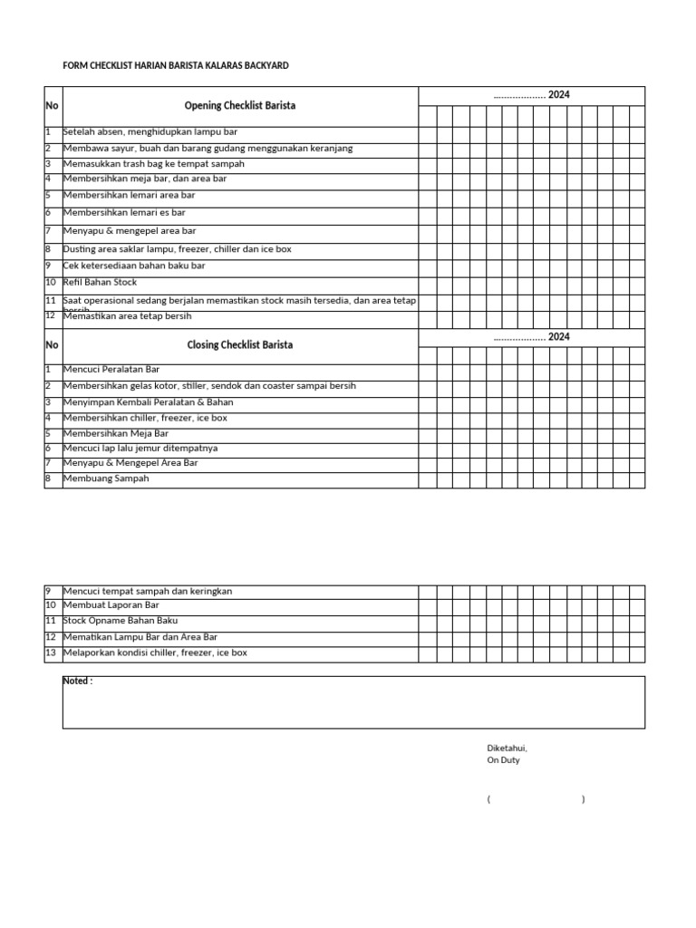 FORM CHECKLIST HARIAN BARISSTA KALARAS BACKYARD | PDF