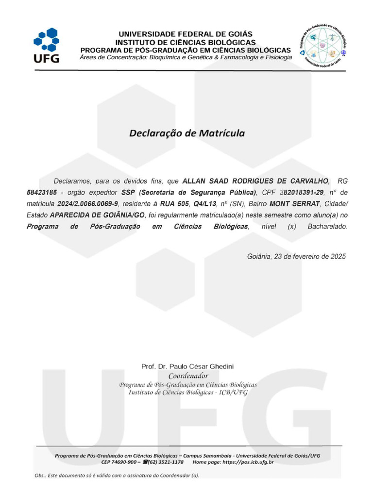 Comprovante de Matrícula Ufg - Allan Saad Rodrigues de Carvalho | PDF