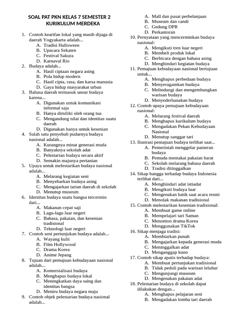 Soal Pat PKN Kelas 7 Semester 2 Kurikulum Merdeka | PDF