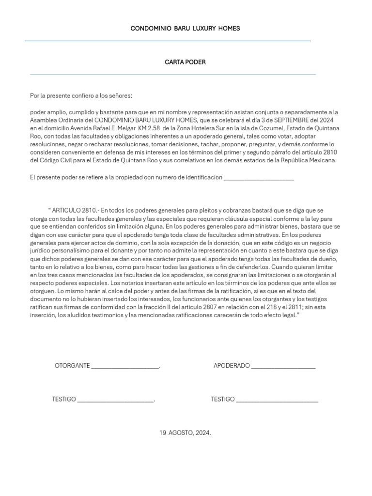 CARTA PODER PROXY | PDF | Condominio | Ley del Medio Ambiente