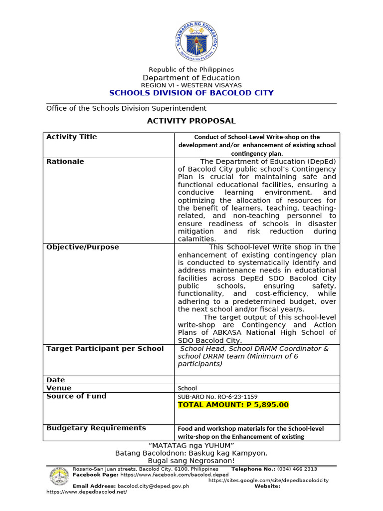 Proposal SCH Based Writeshop On Conplan 2024 DRRM S Aro Ro6 23 1159 | PDF