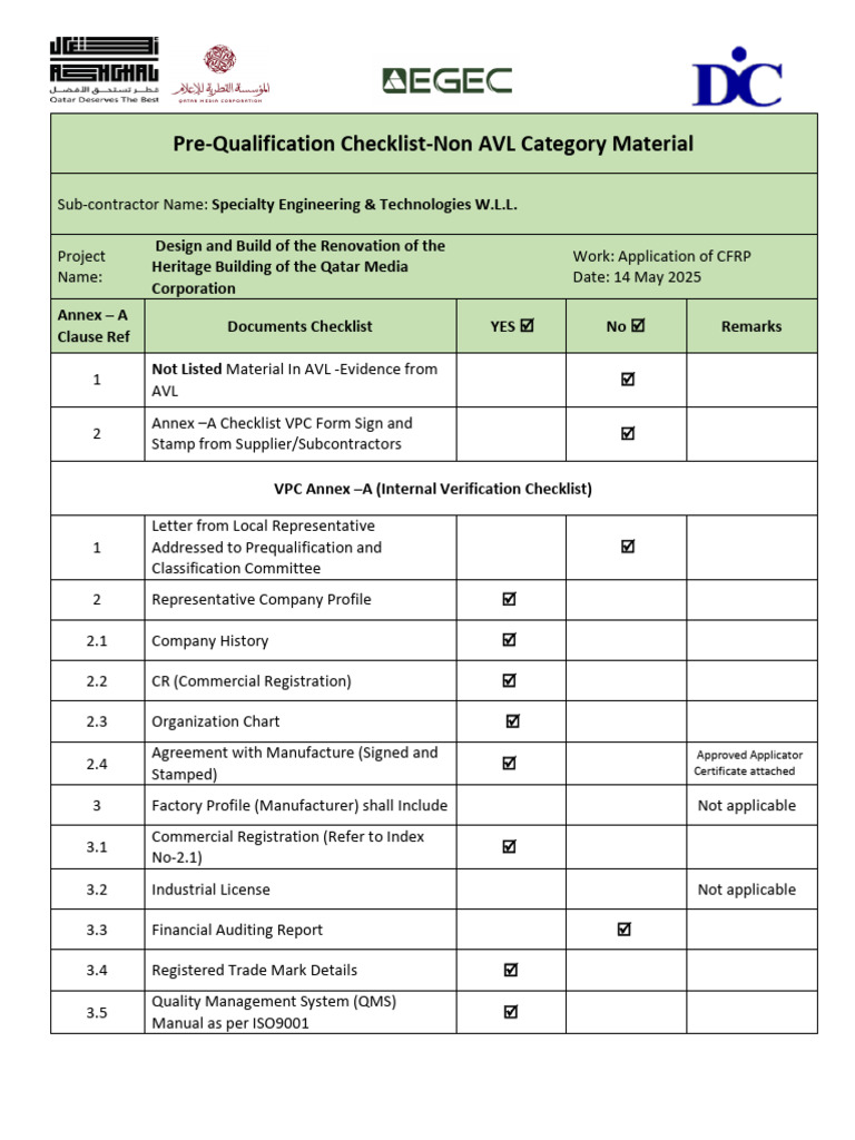 EGEC-QA-CS-R-52 Rev 00, SET Prequlification Checklist (Non AVL), 14 May 2025 | PDF | Concrete ...